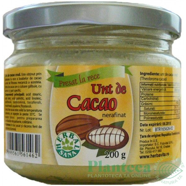 Unt cacao crud nerafinat 200g - Herbal sana, pret 31,9 lei - Planteea